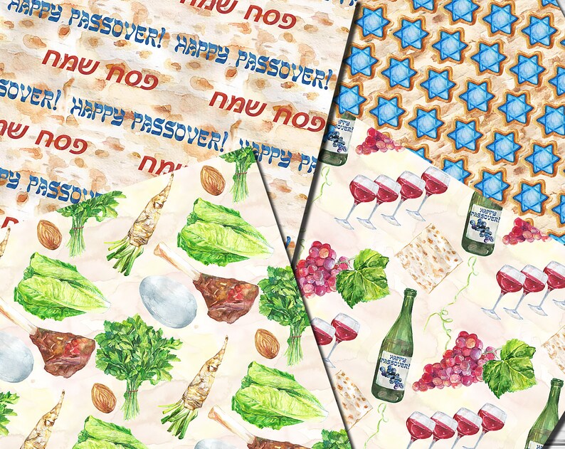 Digital Watercolor Happy Passover Seamless Pack, 16 Printable Digital ...