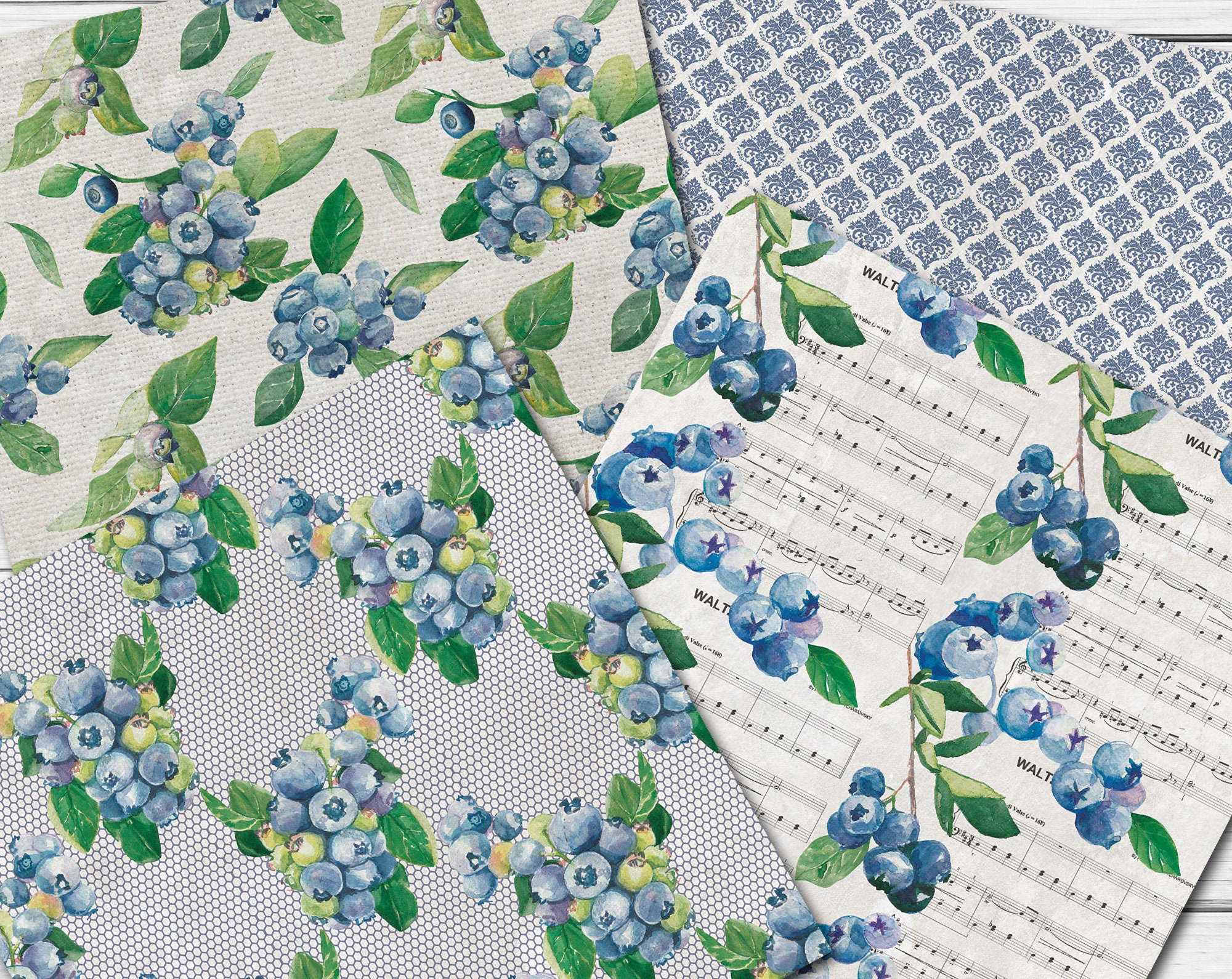 Digital Shabby Blueberry Seamless Paper Pack, 16 Watercolor ...