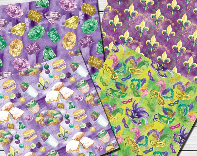 Digital Watercolor Mardi Gras Seamless Pack, 16 Printable Papers ...