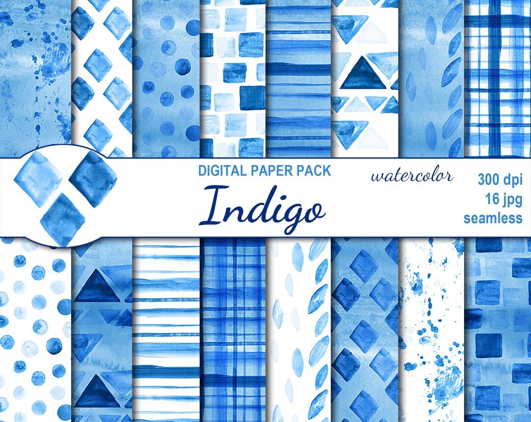 Digital Watercolor Indigo Seamless Paper Pack, 16 Printable Digital ...