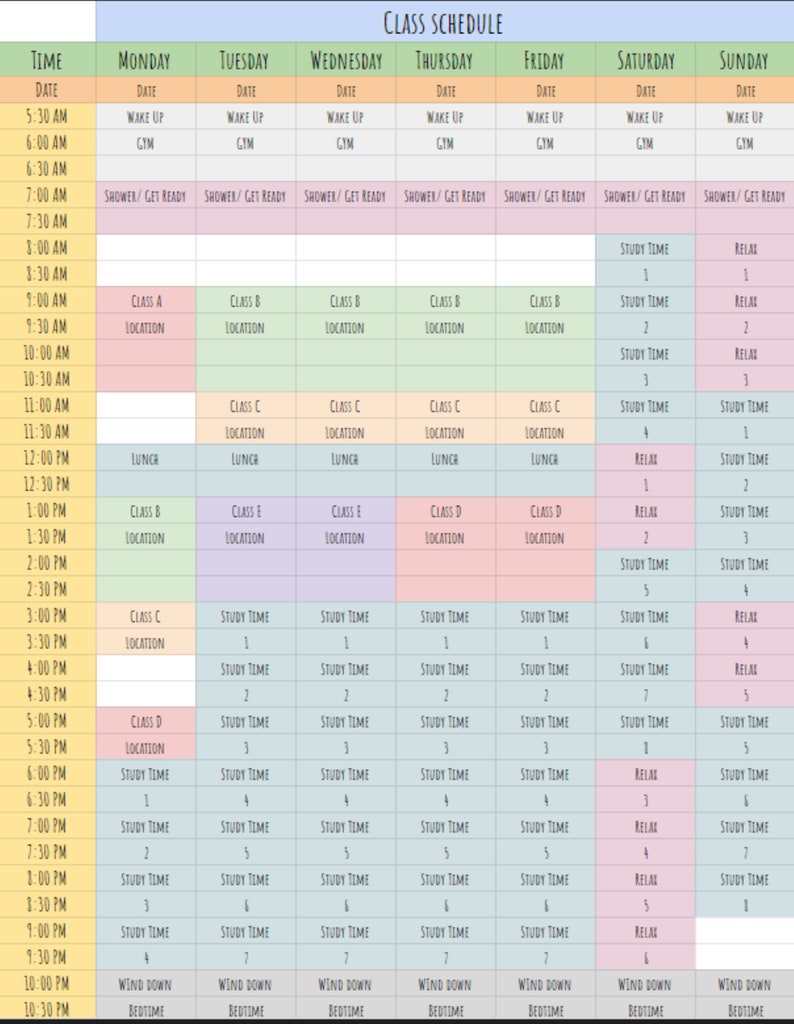 Printable Weekly Class Schedule for College Students, Printable Weekly ...