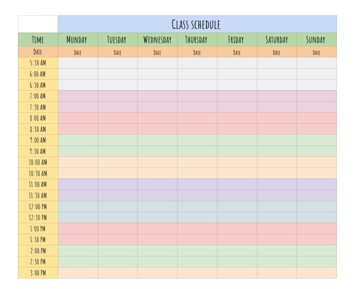 Printable Weekly Class Schedule for College Students, Printable Weekly ...
