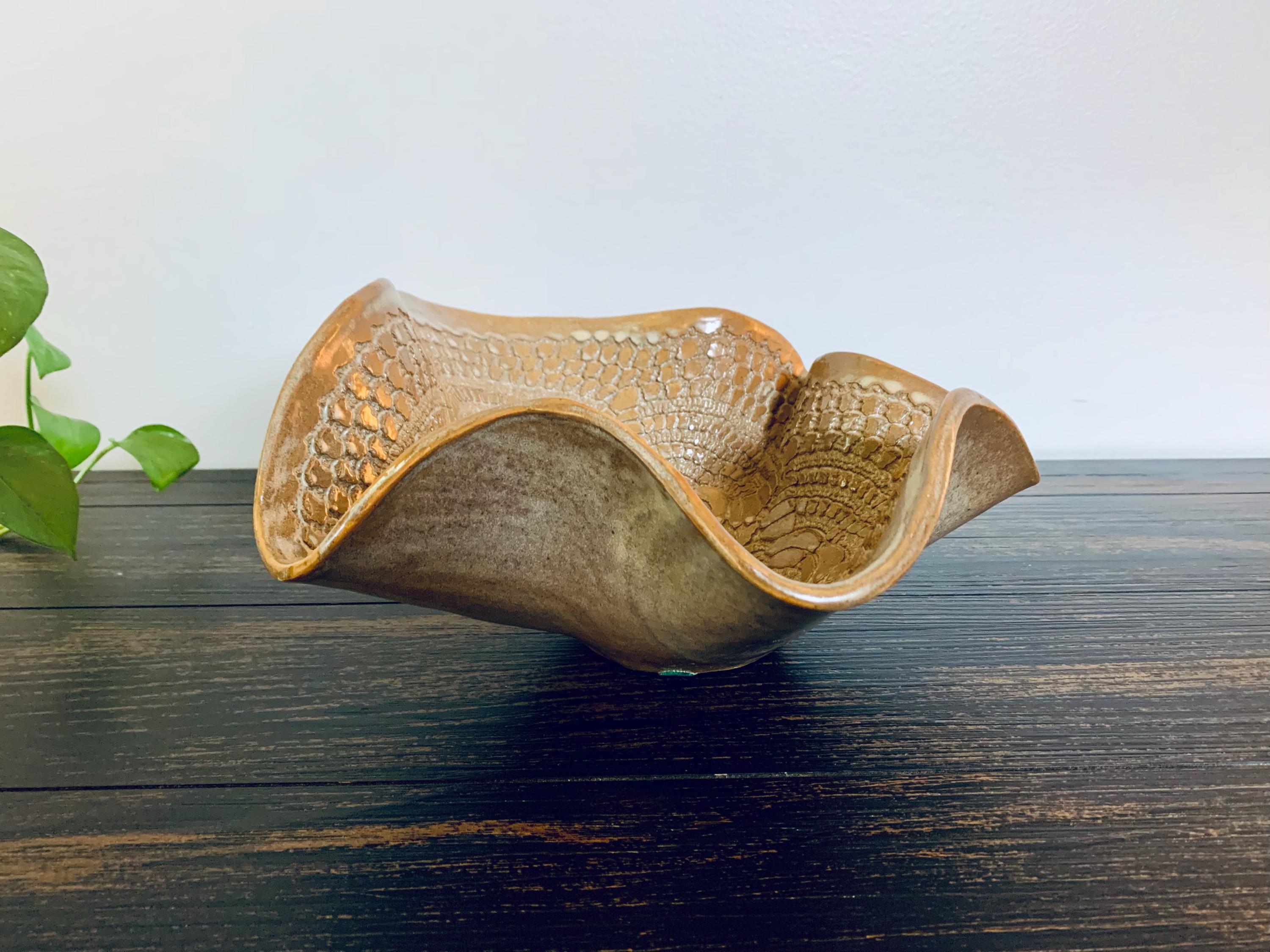 Vintage Wavy Pottery Bowl With Stamped Lace Pattern - Etsy