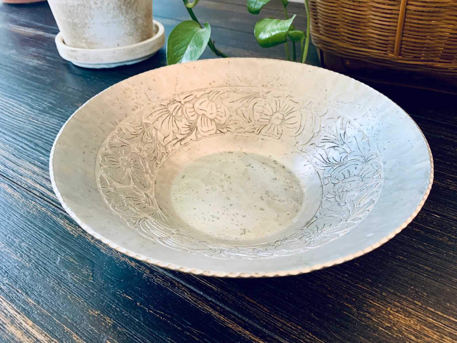 Hand Forged Silver Floral Etched Bowl, Everlast Metal - Etsy