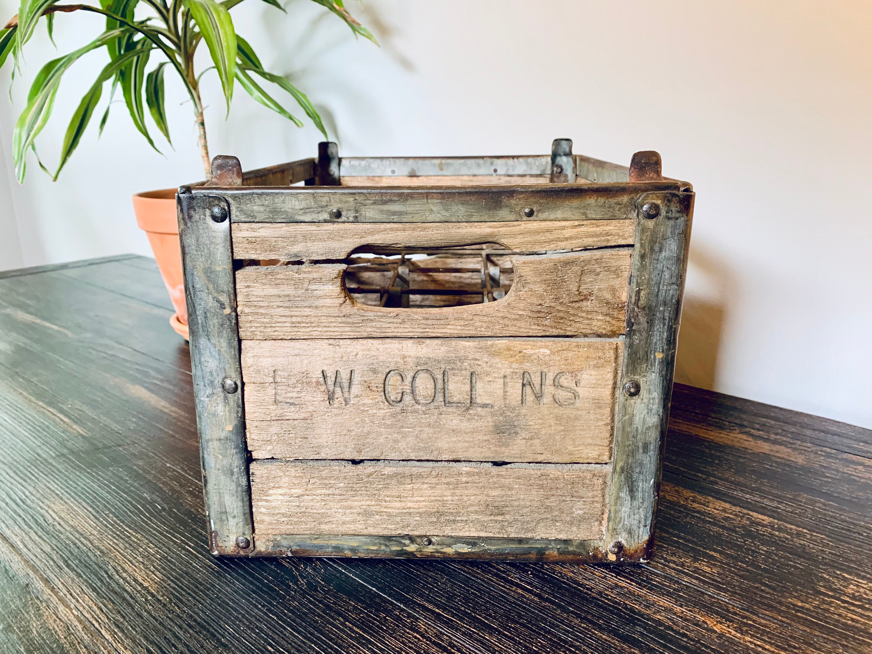 Vintage Milk Crate, LW Collins, Wood and Metal - Etsy