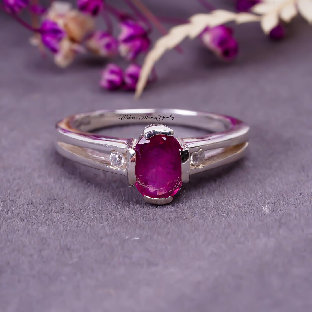 Natural Ruby Ring, Oval Ruby Ring and Diamond Ring, Dainty Ruby Ring ...
