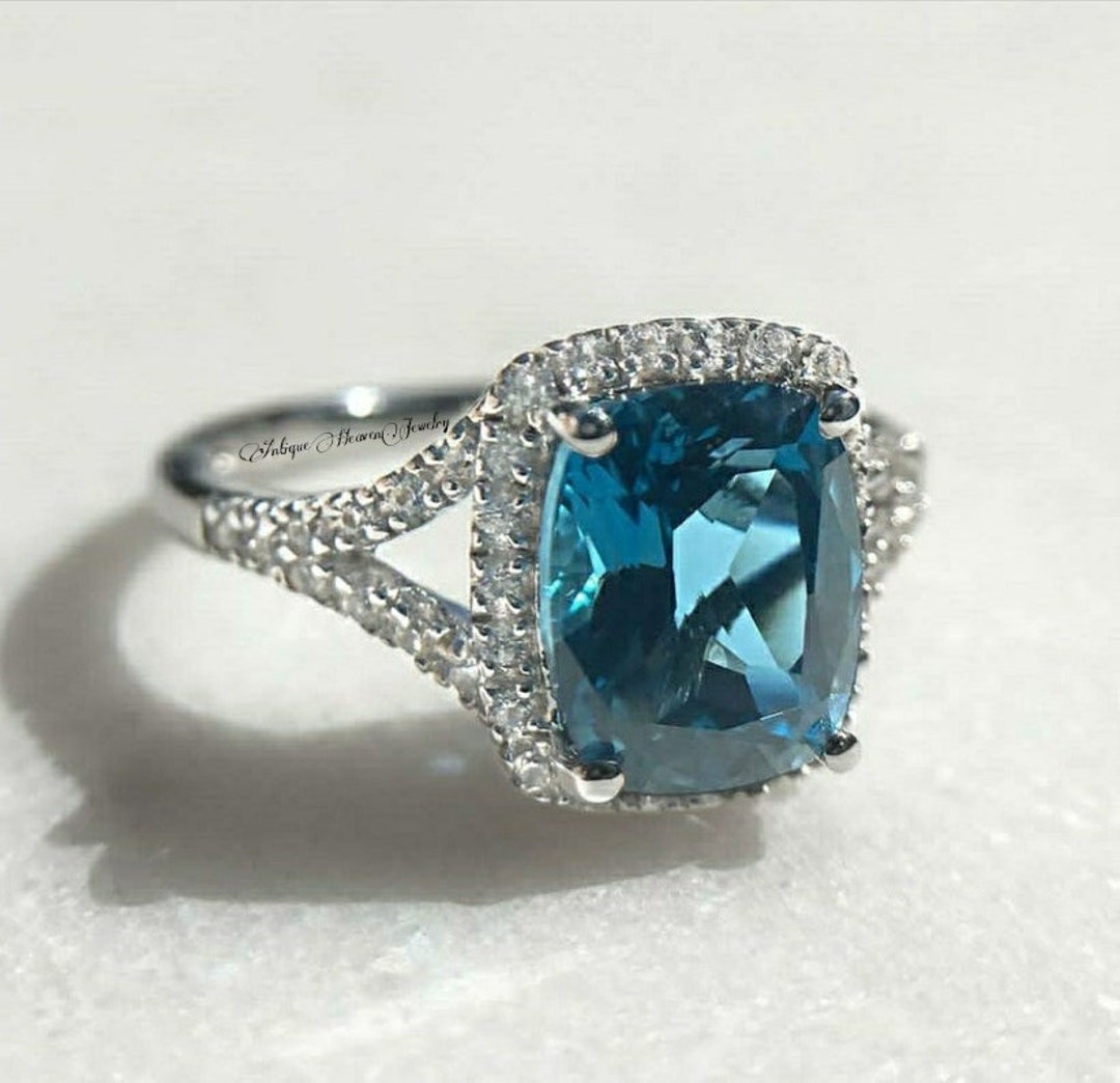 Genuine London Blue Topaz Ring, Cushion Cut, Sterling Silver ...