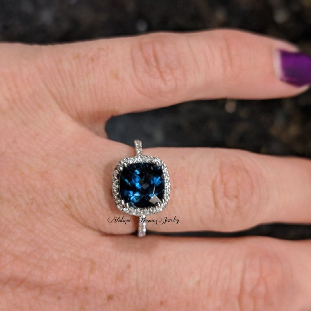 Cushion Cut Blue Gemstone Halo Ring, London Blue Topaz Wedding Ring ...