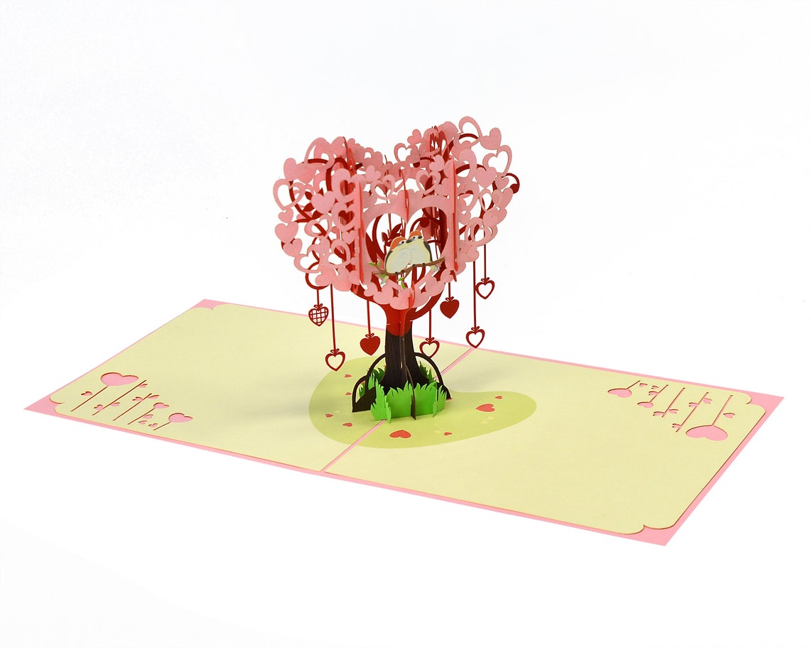 Love Birds in Heart Tree Pop up 3D Card. Romantic Valentines Greeting ...