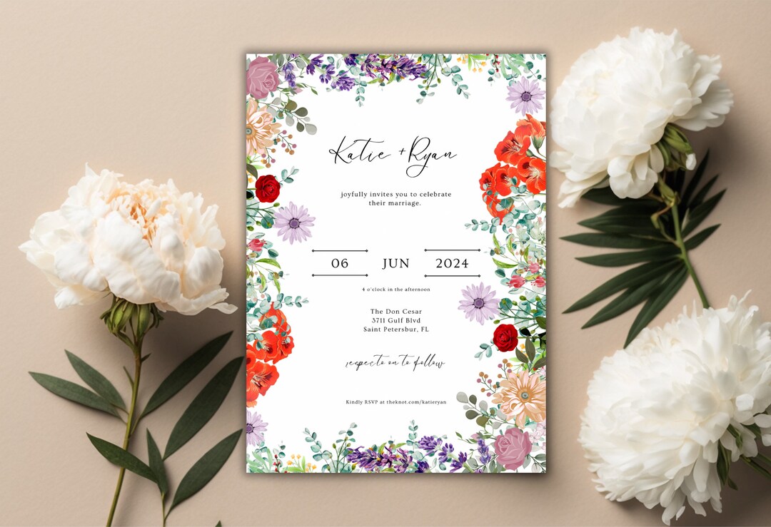Bright Floral Wedding Invitations, Editable Floral Wedding Invitation ...