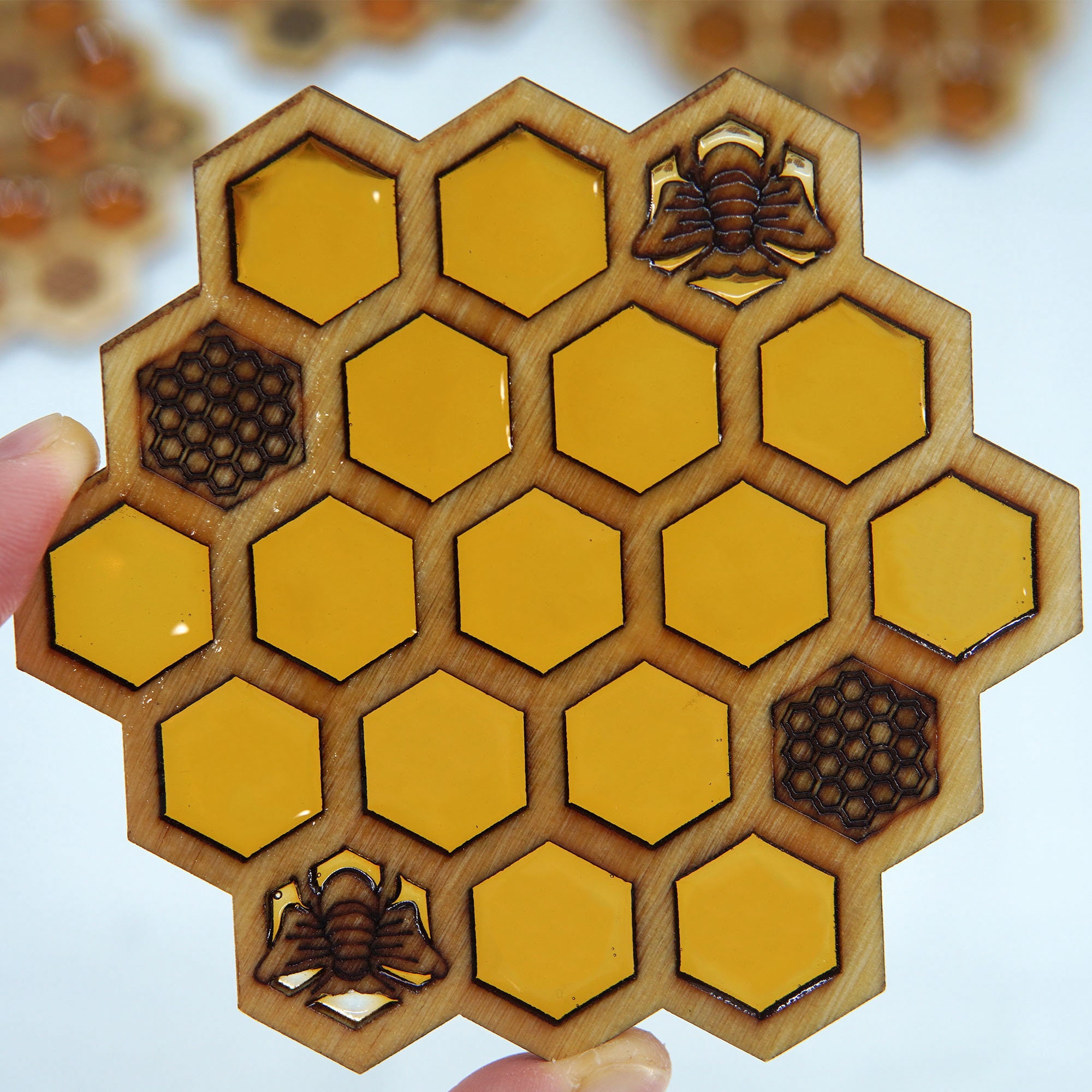 Wooden Bee Honeycomb Coasters Resin Coasters Set of 4 Coasters & Holder ...