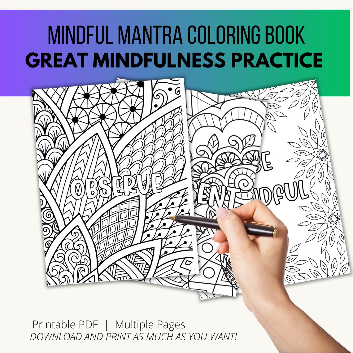 Printable Mindful Mantra Adult Coloring Book, Positive Affirmation ...