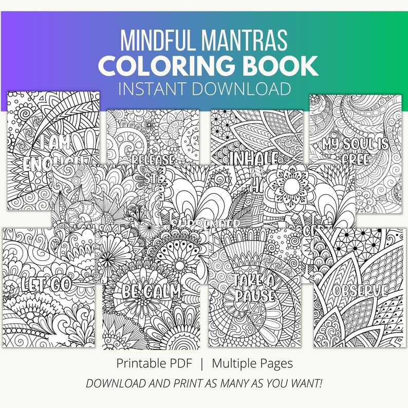 Printable Mindful Mantra Adult Coloring Book, Positive Affirmation ...