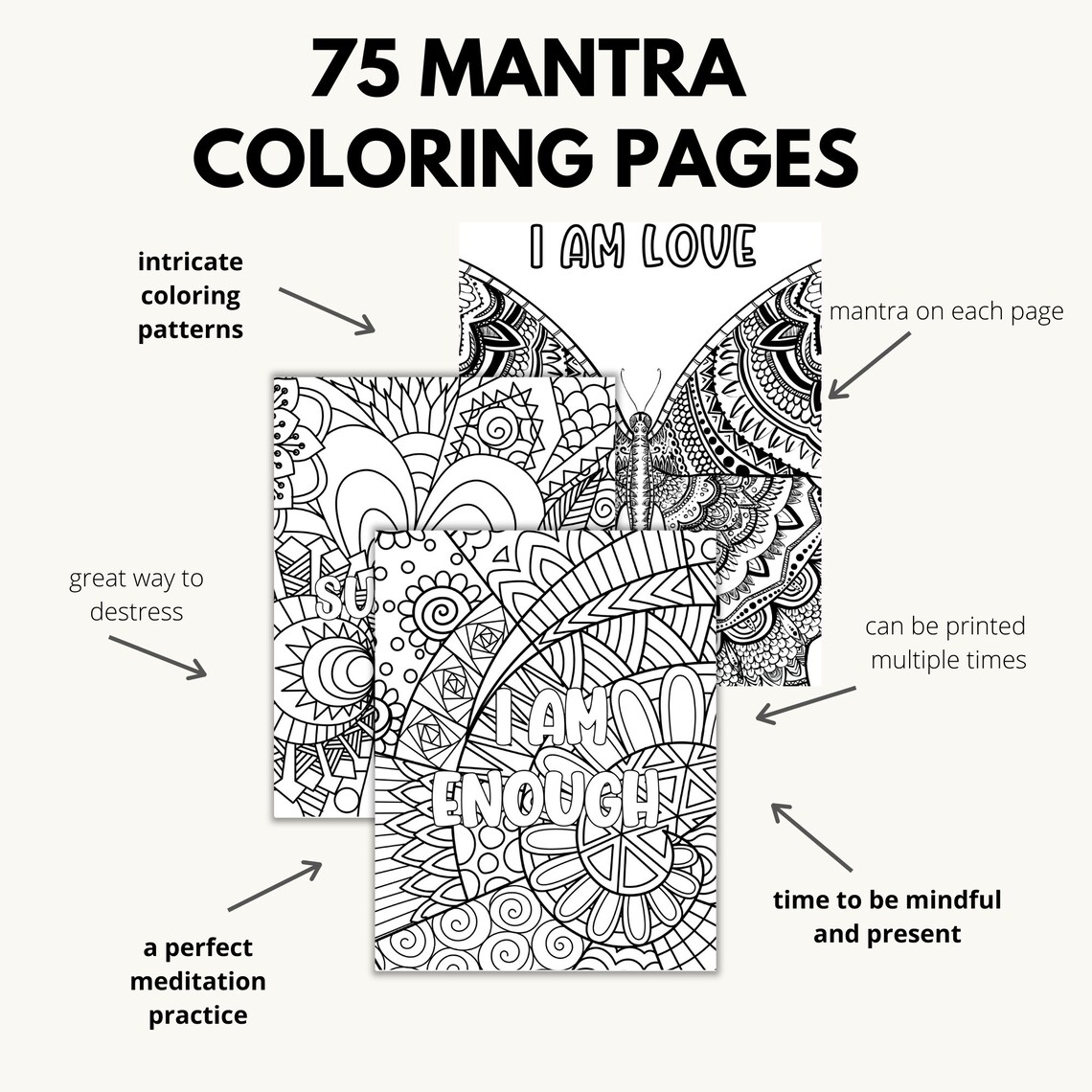 Printable Mindful Mantra Adult Coloring Book, Positive Affirmation ...