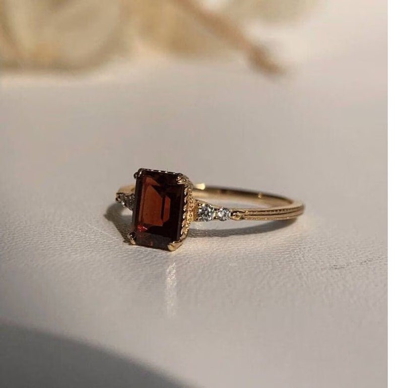 Natural Red Garnet Ring Wedding Ring January Birthstone Ring Emerald Cut Red Gemstone Ring ...