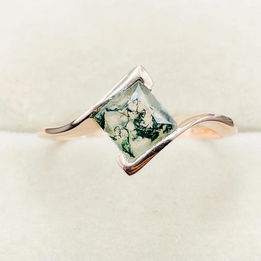 Natural Moss Agate Ring-princess Cut Moss Agate Ring-gold-silver ...