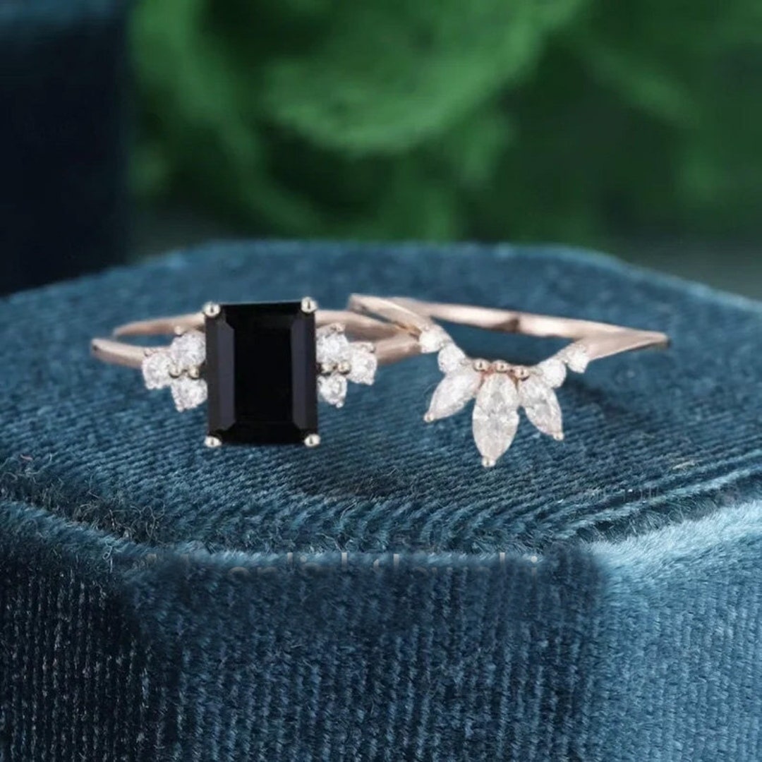 Black Onyx Ring Emerald Cut Ring Set of 2PCS 14K Gold-sterling Silver ...