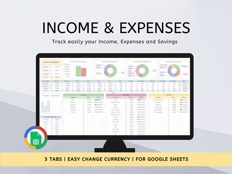 Income, Expense and Savings Tracker Spreadsheet, Annual Planner for ...