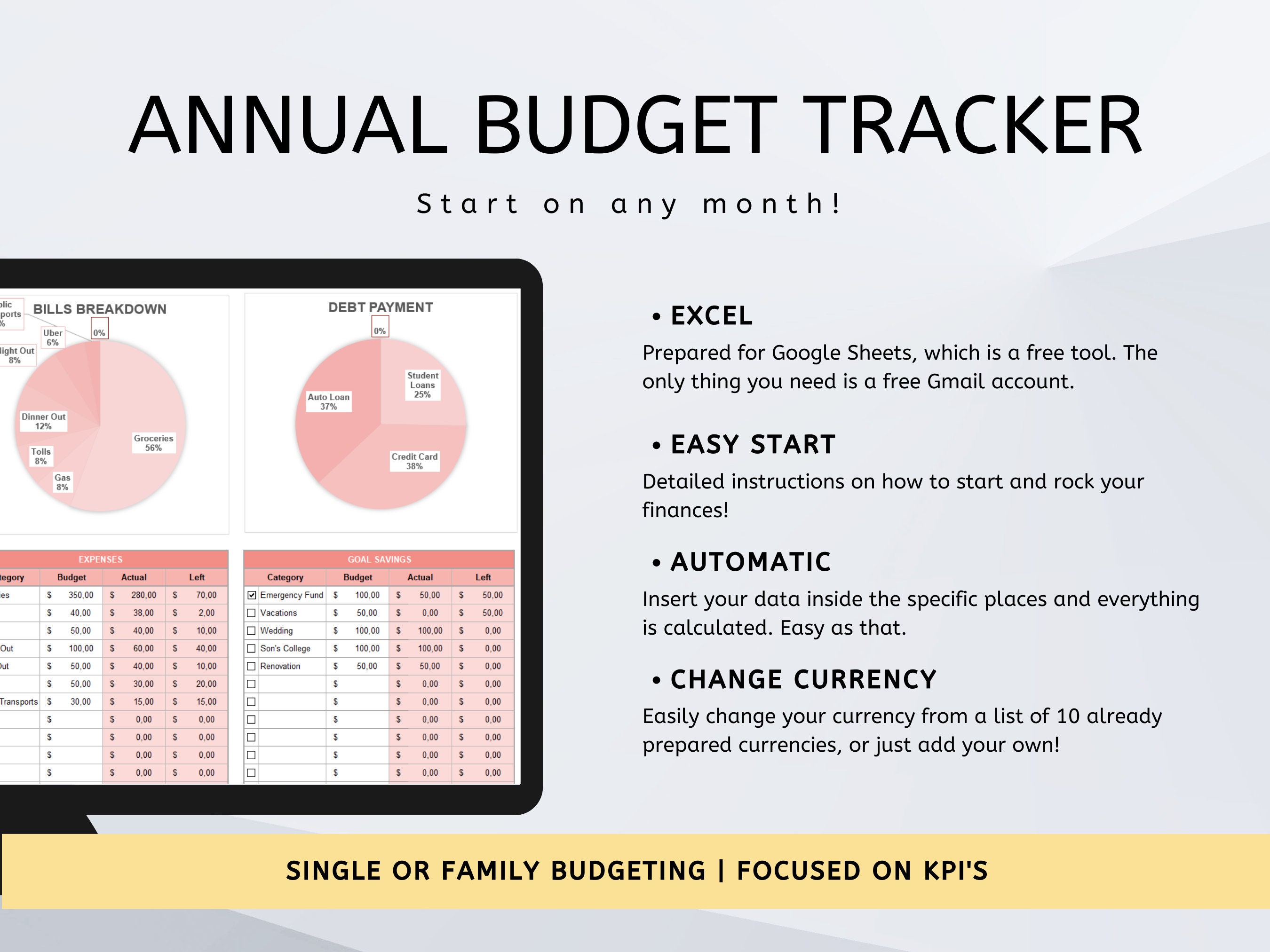 Excel Monthly Budget Finance Tracker, Annual Budget Spreadsheet ...
