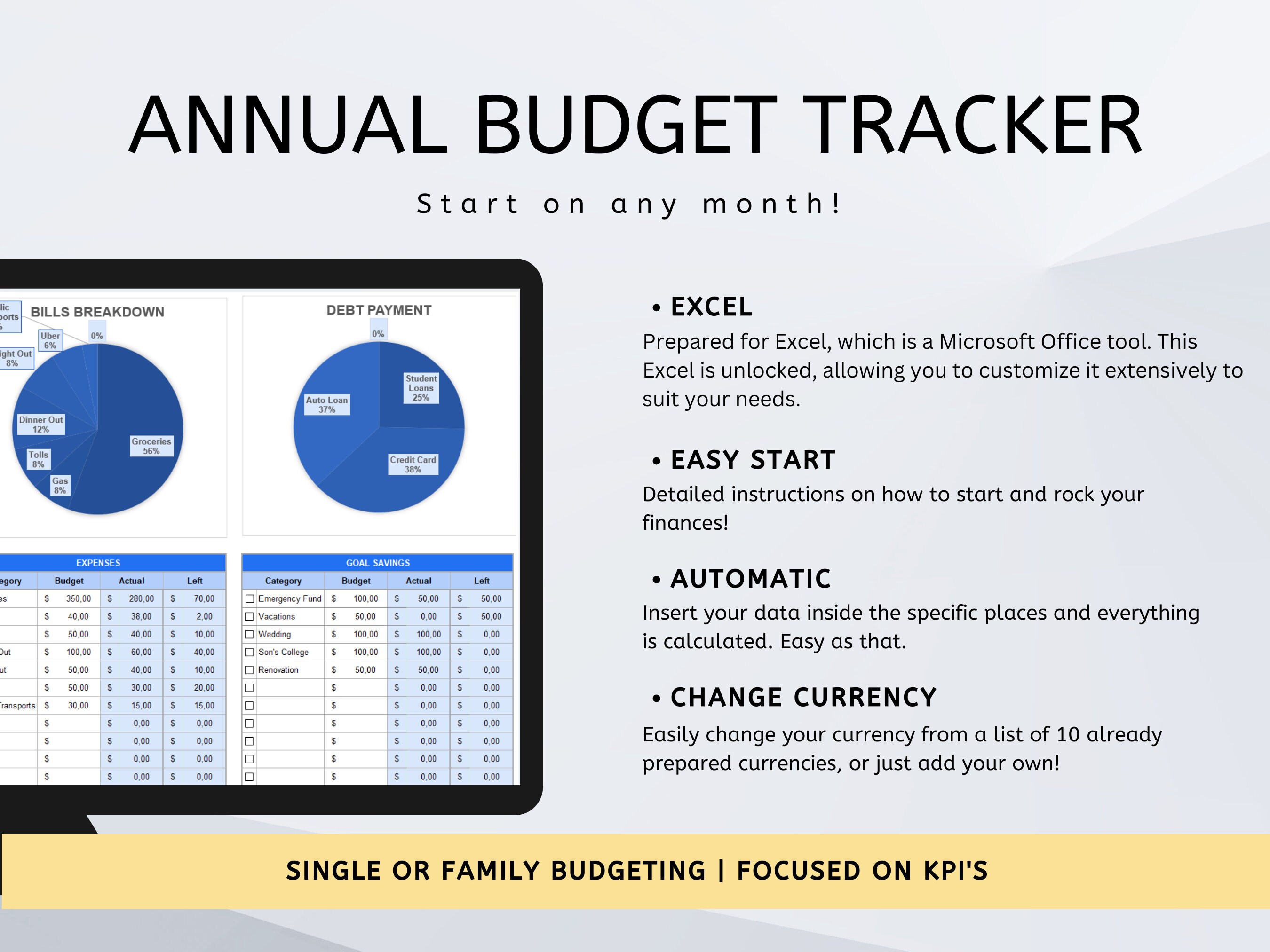 Excel Monthly Budget Finance Tracker, Annual Budget Spreadsheet ...