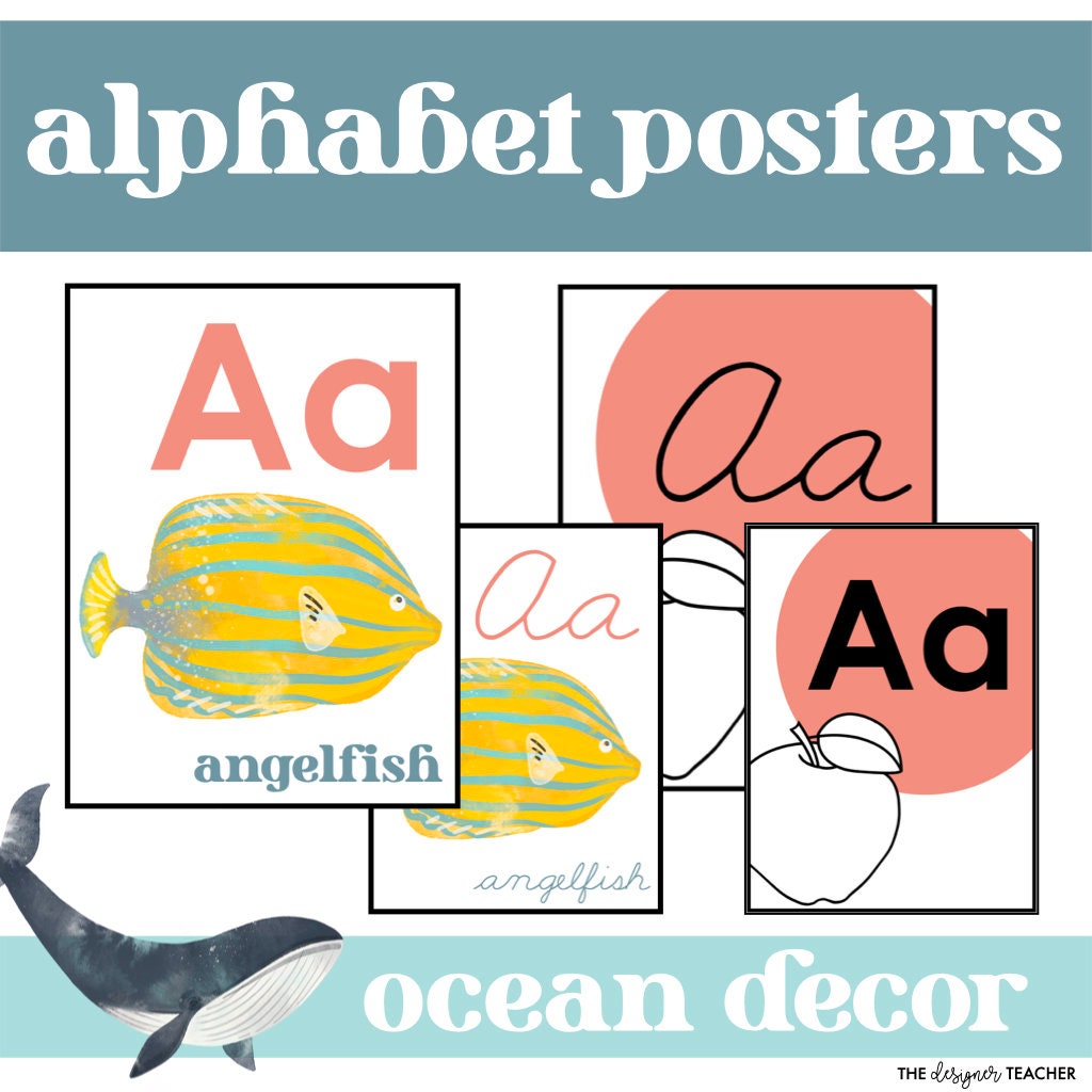 Alphabet Posters: Print, Cursive & Picture Cues Ocean Theme Under the ...