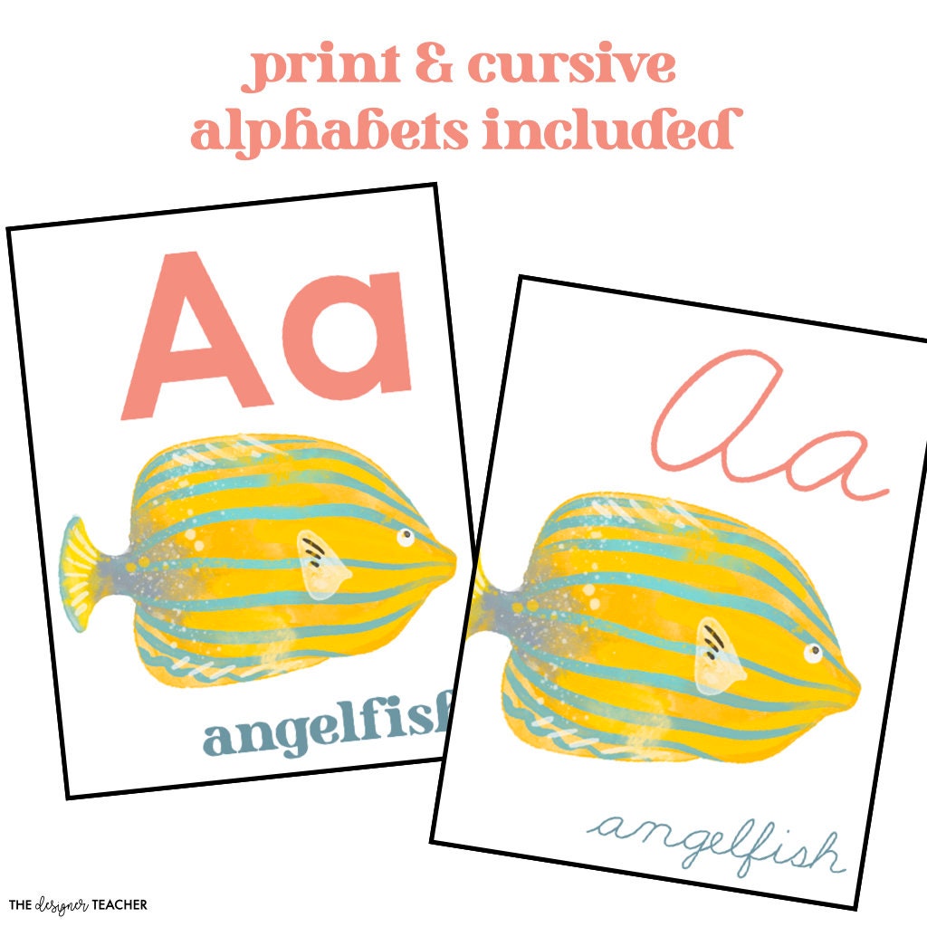 Alphabet Posters: Print, Cursive & Picture Cues Ocean Theme Under the ...