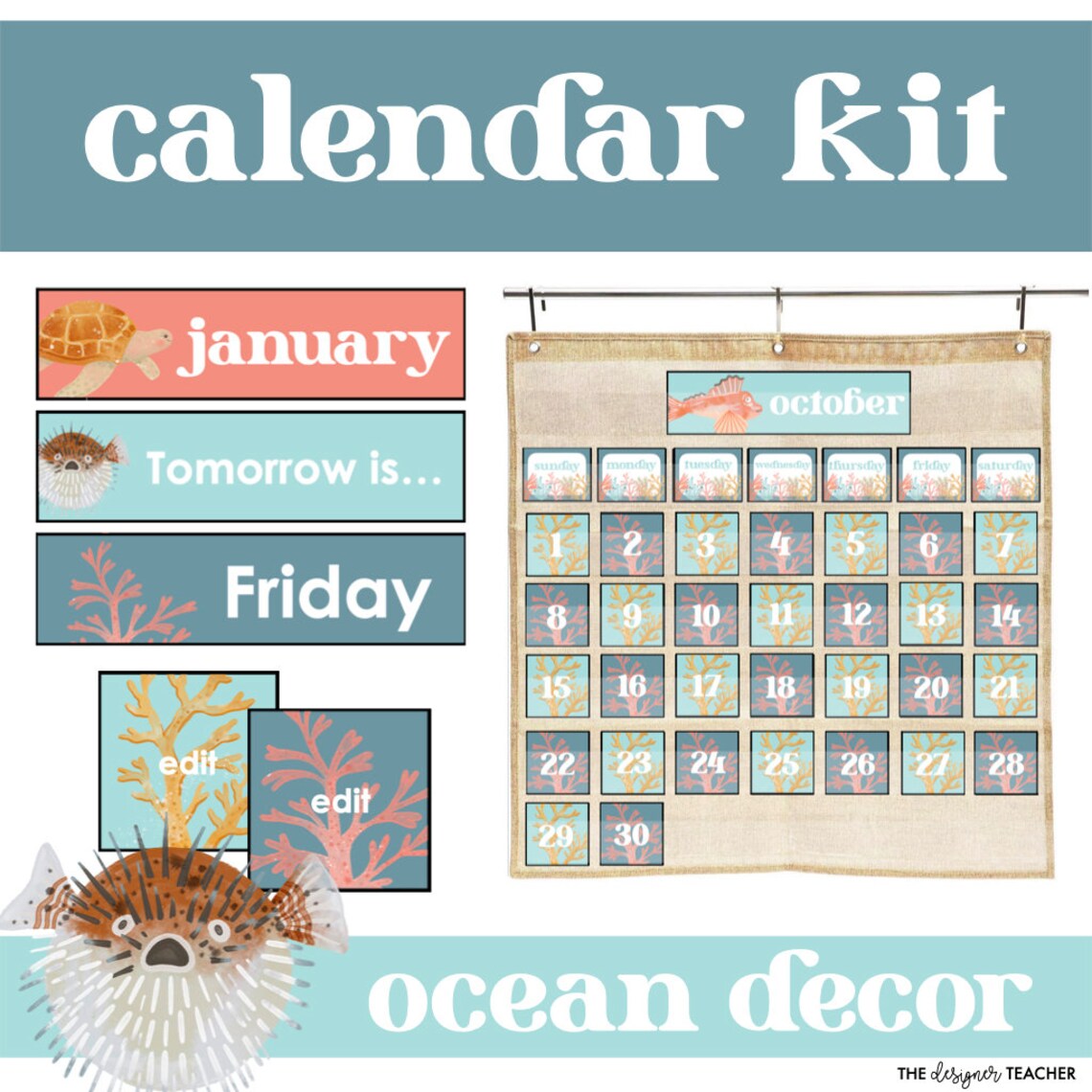 Editable Classroom Calendar Kit | Ocean Under the Sea Theme Pocket ...