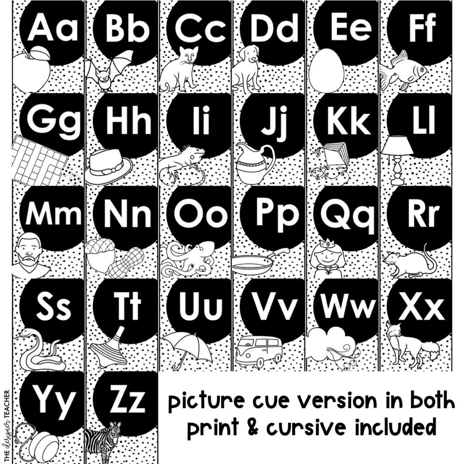 Alphabet Posters: Print, Cursive & Picture Cues Black and White Boho ...