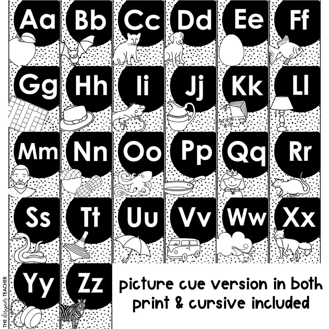 Alphabet Posters: Print, Cursive & Picture Cues Black and White Boho ...