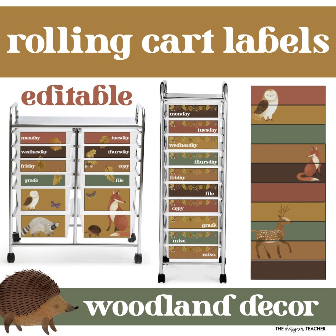 Editable Classroom Rolling Cart Labels and Organizers | Boho Woodland ...