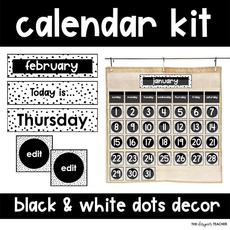 Editable Classroom Calendar Kit With Black & White Speckled - Etsy