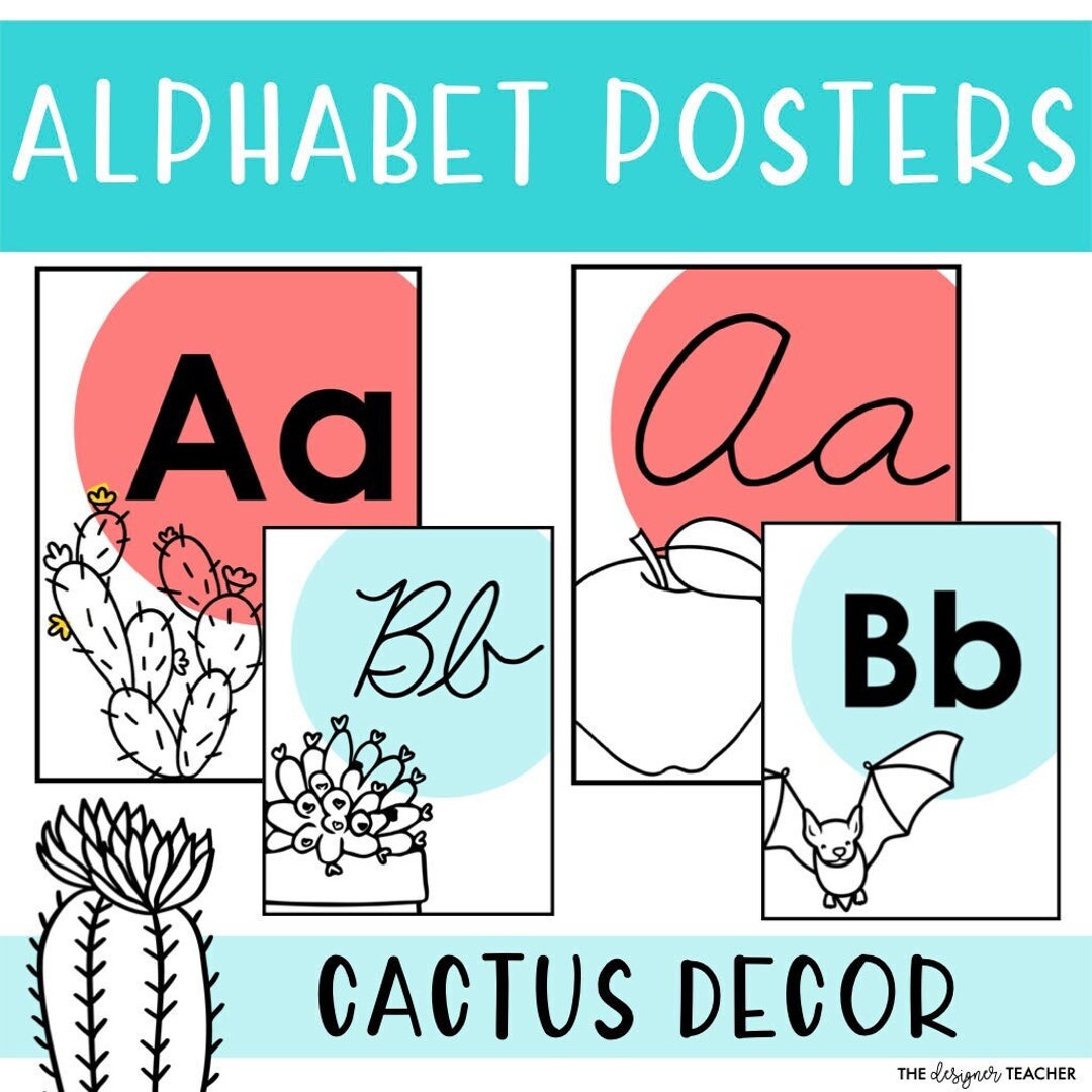 Alphabet Posters: Print Cursive & Picture Cues Cactus Theme - Etsy