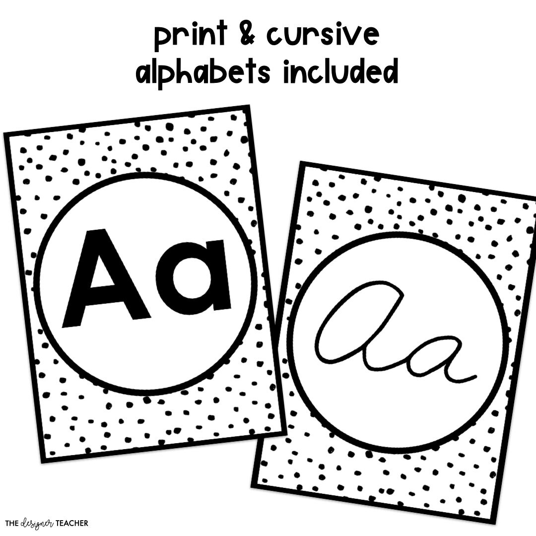 Alphabet Posters: Print, Cursive & Picture Cues Black and White Boho ...