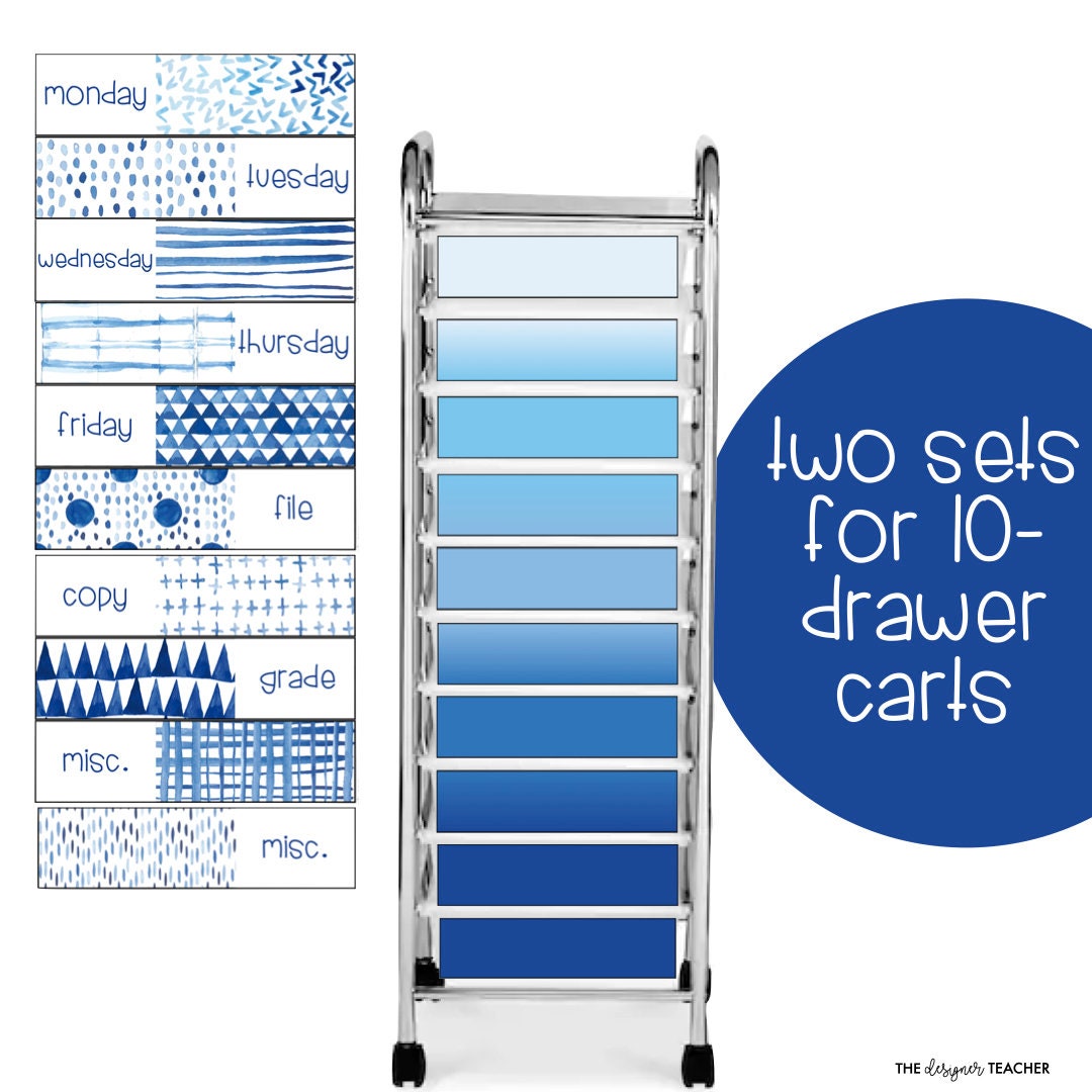 Blue Watercolor Editable Rolling Cart Labels for 10 and 12 Drawer Carts ...