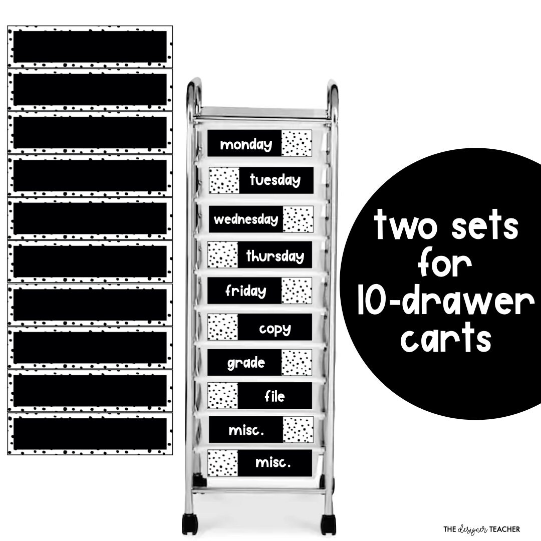 Editable Classroom Rolling Cart Labels Organizers Black & White Neutral ...