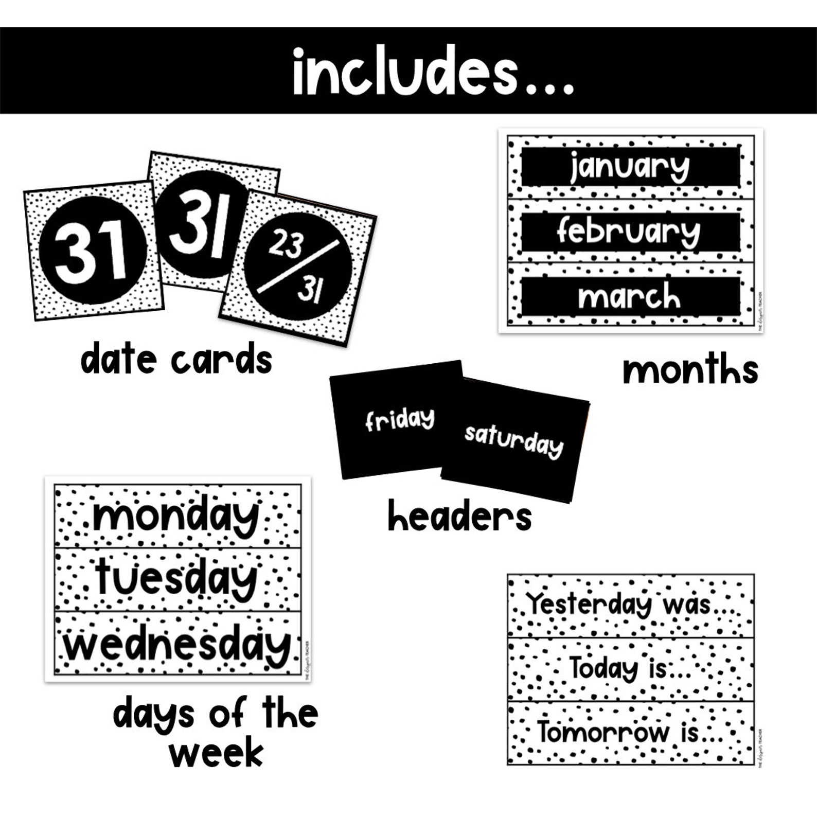 Editable Classroom Calendar Kit With Black & White Speckled Boho ...