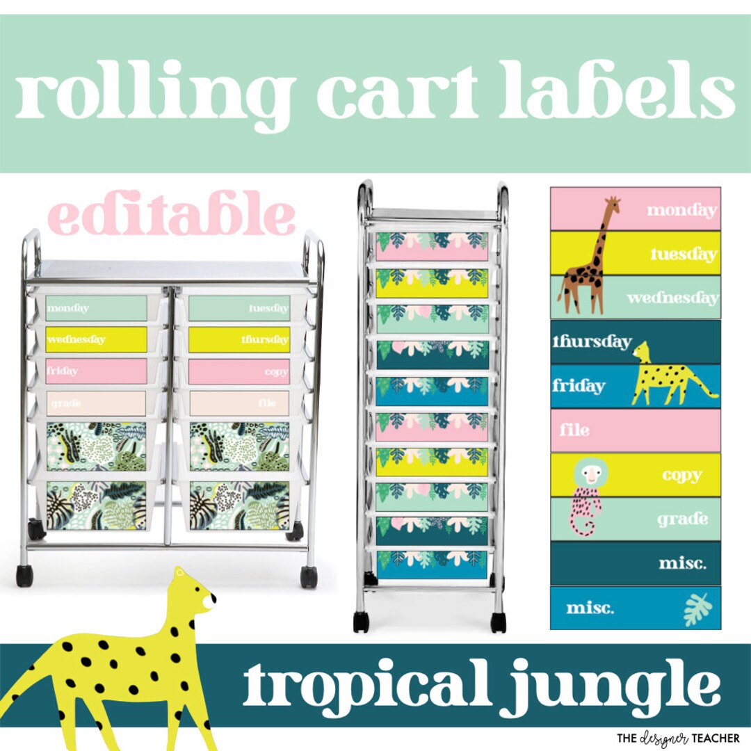 Modern Tropical Jungle Editable Rolling Cart Labels for 10 and 12 ...