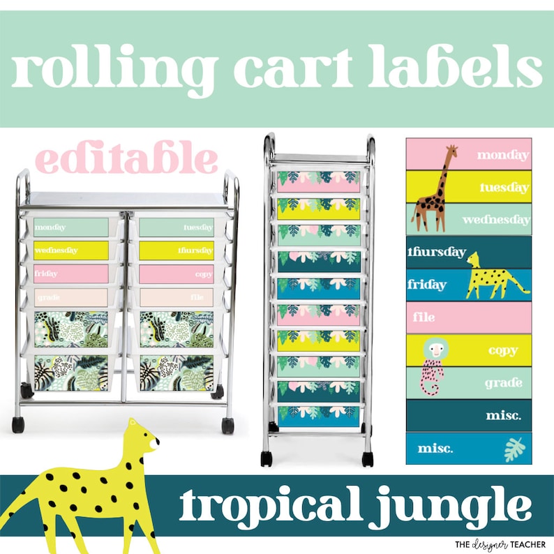 Modern Tropical Jungle Editable Rolling Cart Labels for 10 and 12 ...