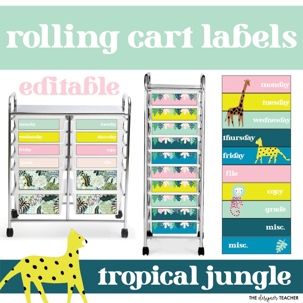 Modern Tropical Jungle Editable Rolling Cart Labels for 10 and 12 ...