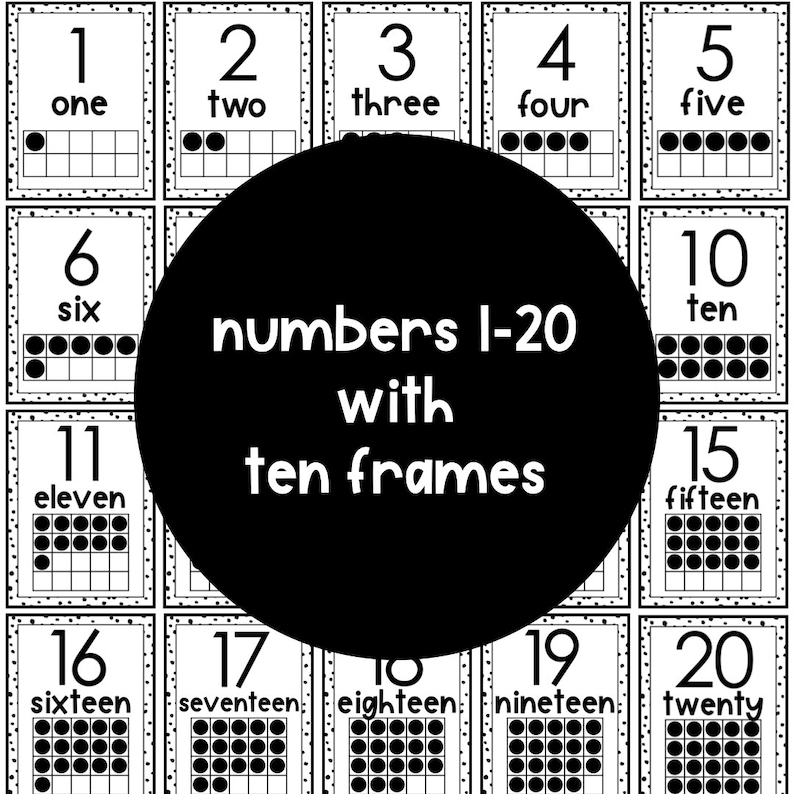 Number Posters 1-20 With Ten Frames With Black & White Speckled ...