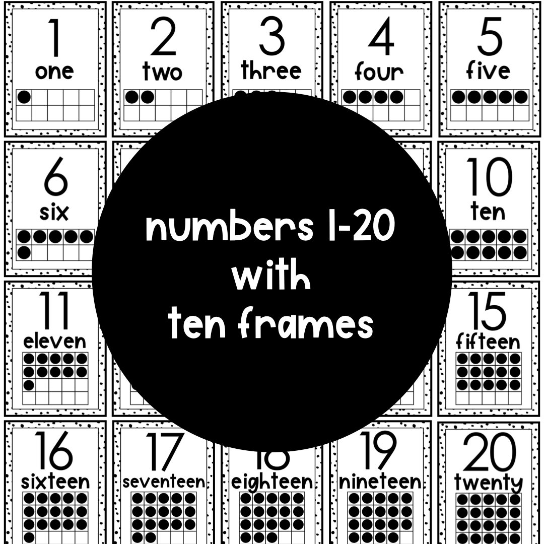 Number Posters 1-20 With Ten Frames With Black & White Speckled ...