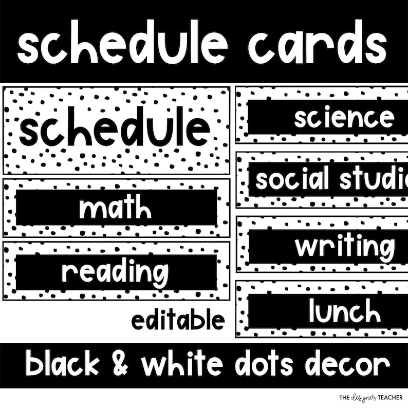 Editable Schedule Cards With Black & White Speckled Boho Dalmatian Dots ...