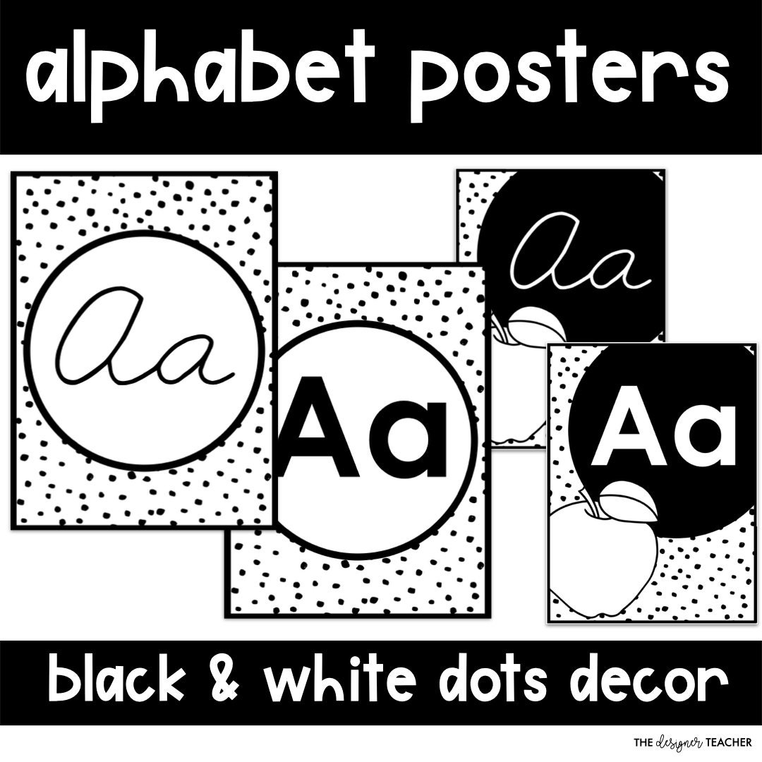 Alphabet Posters: Print, Cursive & Picture Cues Black and White Boho ...