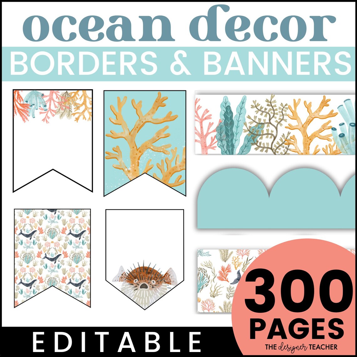Editable Letter Banner Pennants & Bulletin Board Borders With Ocean ...
