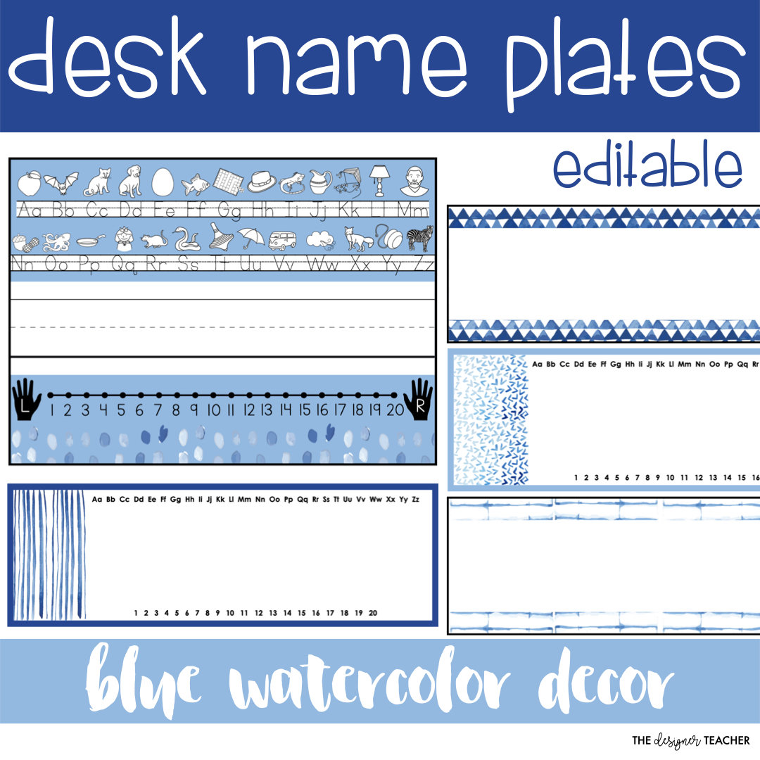 Blue Watercolor Theme Editable Desk Plates Student Name Tags for ...
