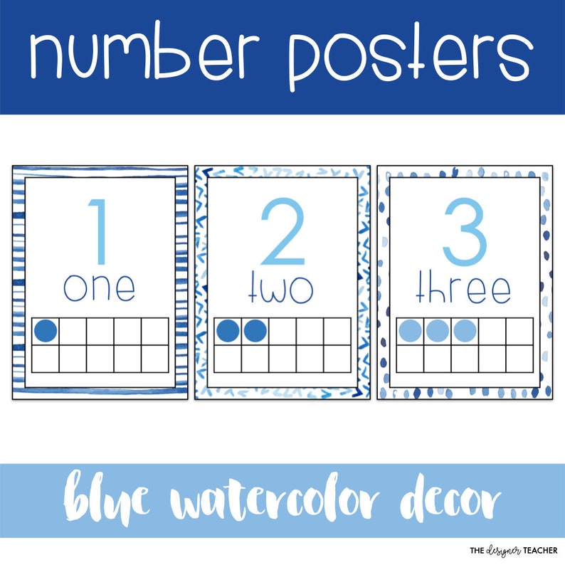 Blue Watercolor Theme Decor Classroom Number Posters 1–20 | 10 Frame ...