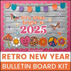 Retro Groovy January New Year's Bulletin Board Kit 2025 Winter Door ...