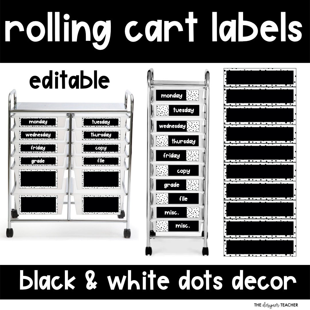 Editable Classroom Rolling Cart Labels Organizers Black & White Neutral ...