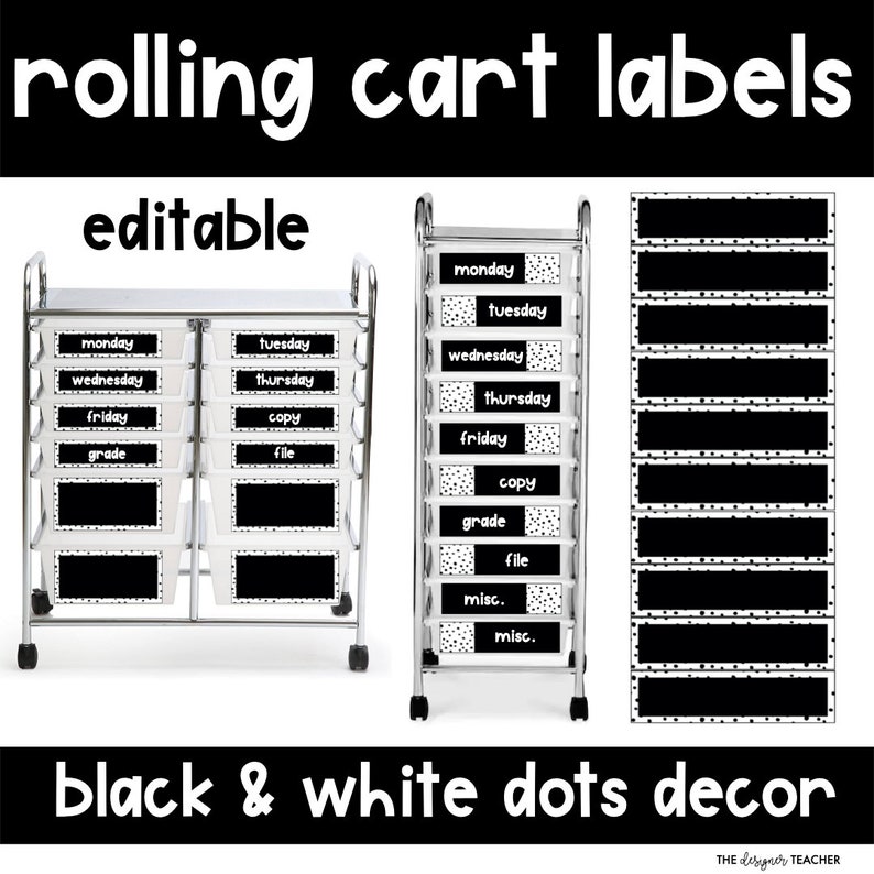 Editable Classroom Rolling Cart Labels With Black & White Boho ...