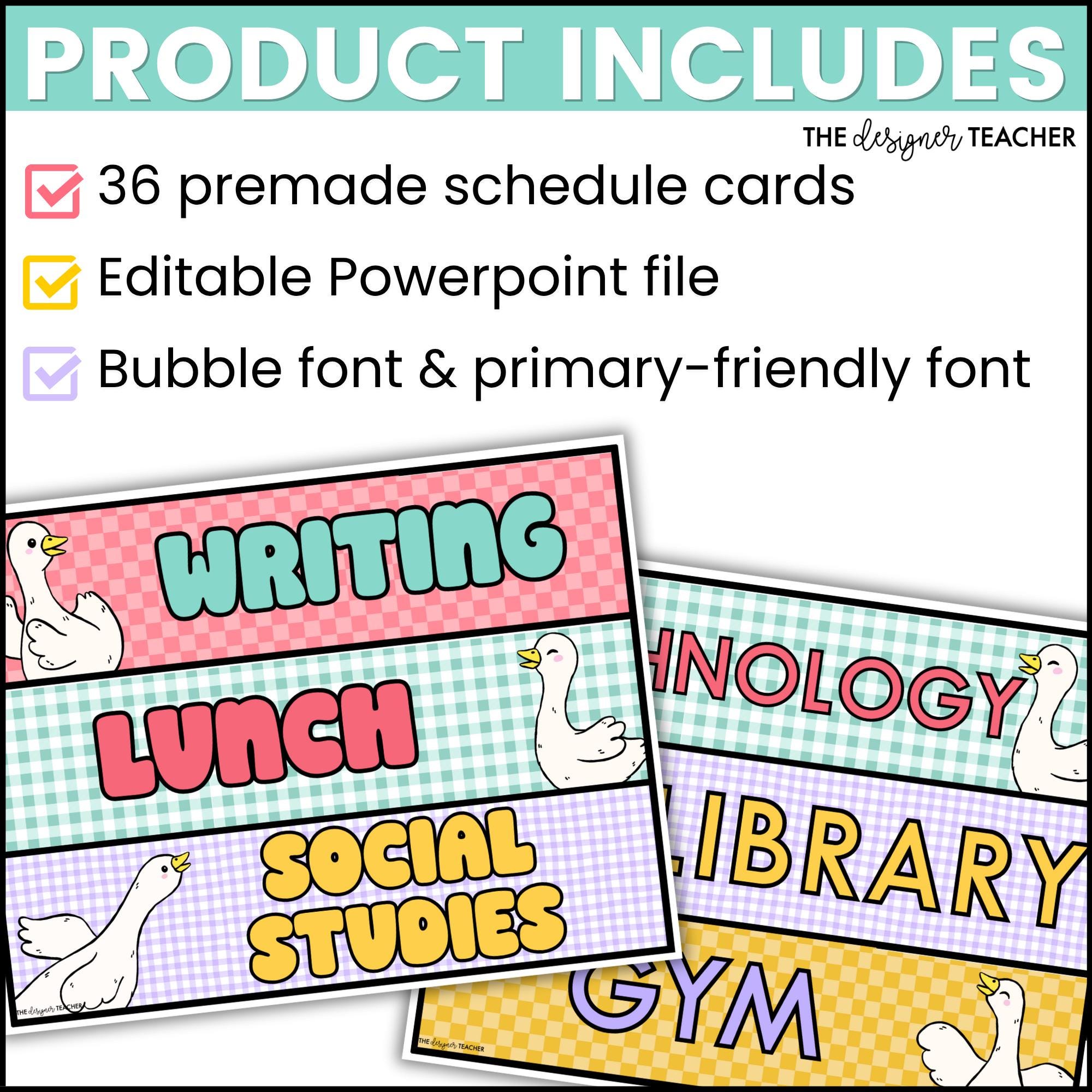 Silly Goose Editable Schedule Cards | Classroom Teacher School Gingham ...